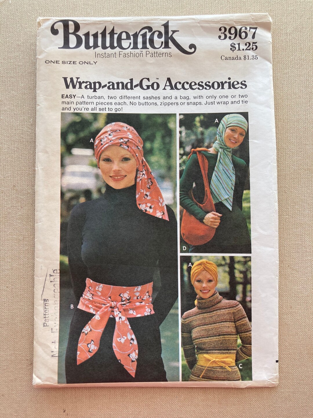 1970s Butterick 3967 Wrap-and-go Accessories Misses' Turban, Bag and ...