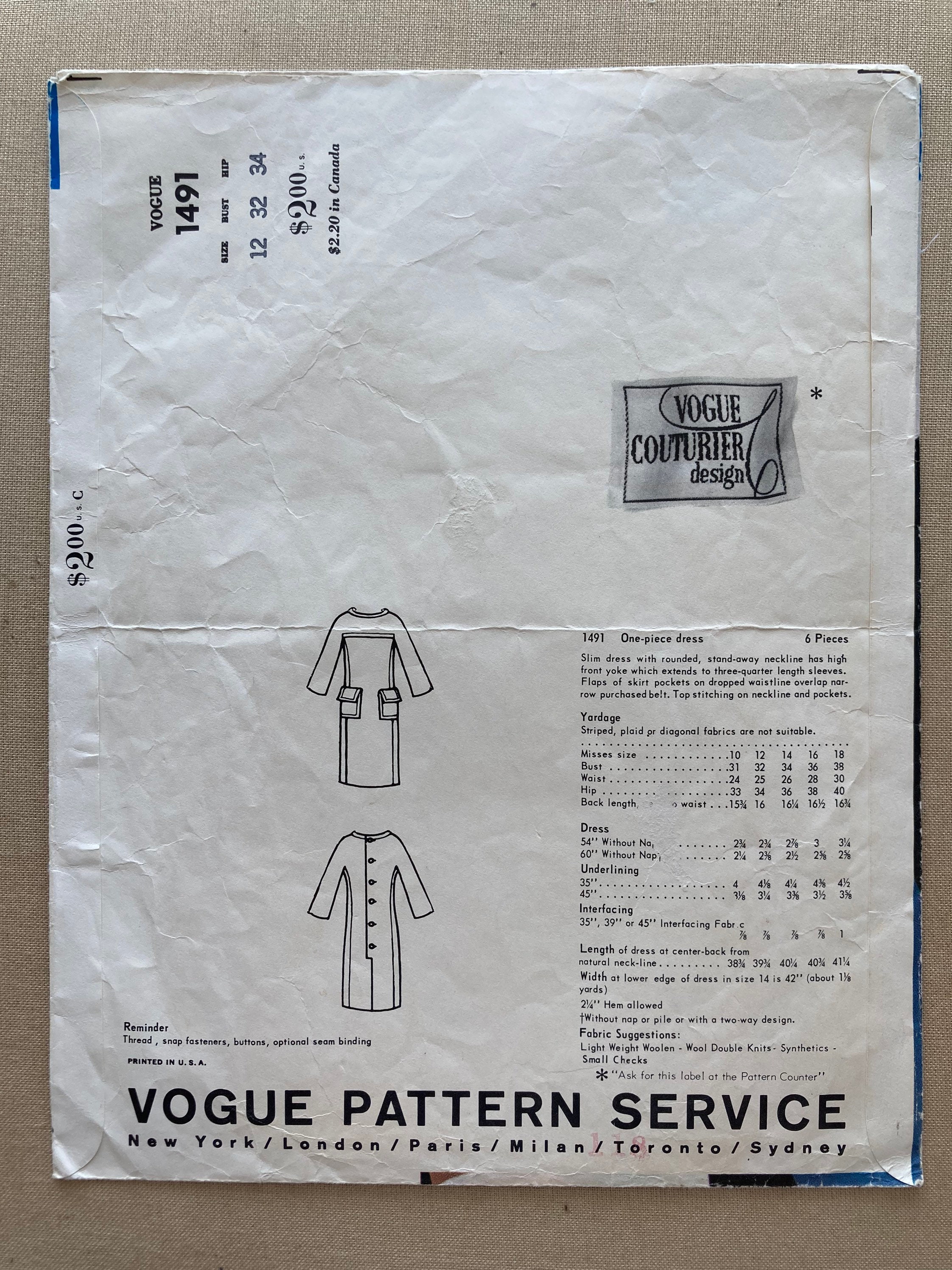 Vogue Couturier Design 1491 / Fabiani / Dress With Flap Pockets / Size ...