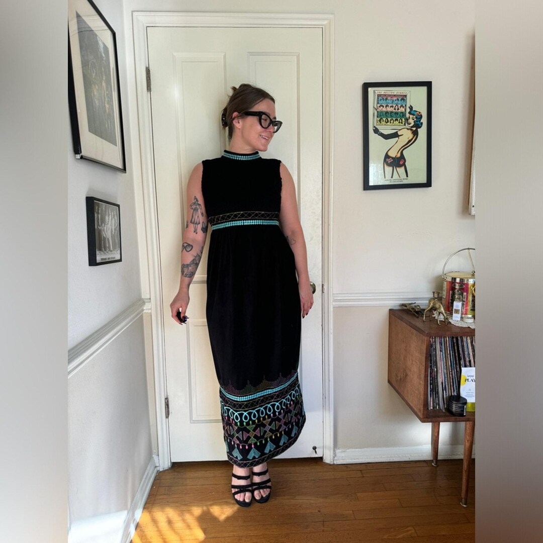 70s Vintage Sandine Originals Black Velour Maxi Dress With Shirred Bust ...