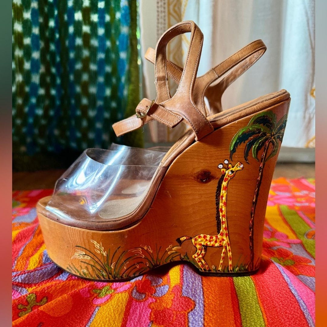 70s Vintage Wooden Wonder Wedge W Clear Vamp and Painted Details Sz 7 ...
