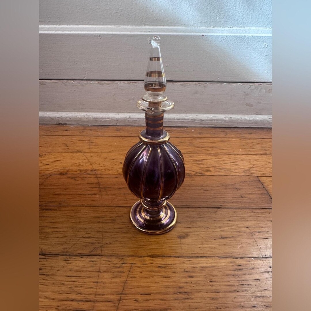 Vintage Amethyst Glass Perfume Bottle W/ Stopper – Gold Gilt – Y2K Era ...