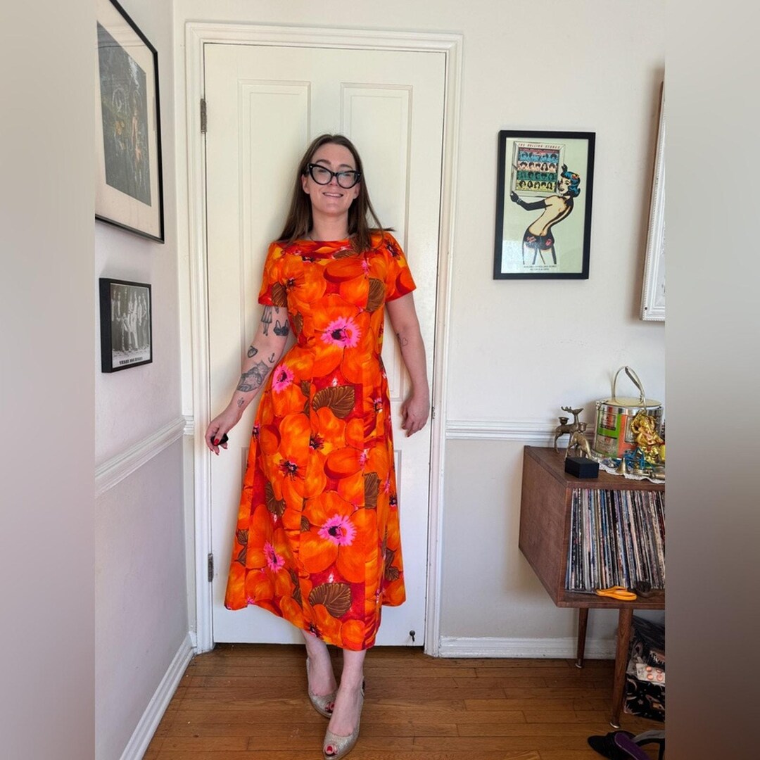 60s Vintage Alice Polynesian Bright Orange Hawaiian Bark Cloth Dress - Etsy