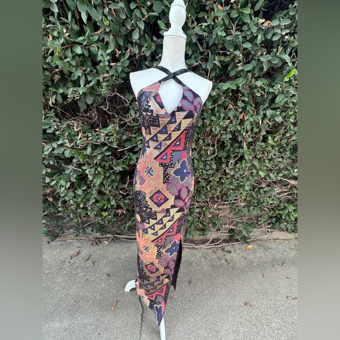 90s Vintage Janine Metallic Mosaic Print Dress Sz M - Etsy
