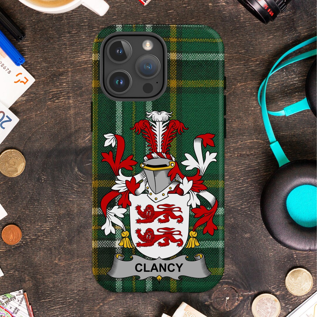 Clancy Irish Coat of Arms Phone Cover, Irish National Tartan Background ...