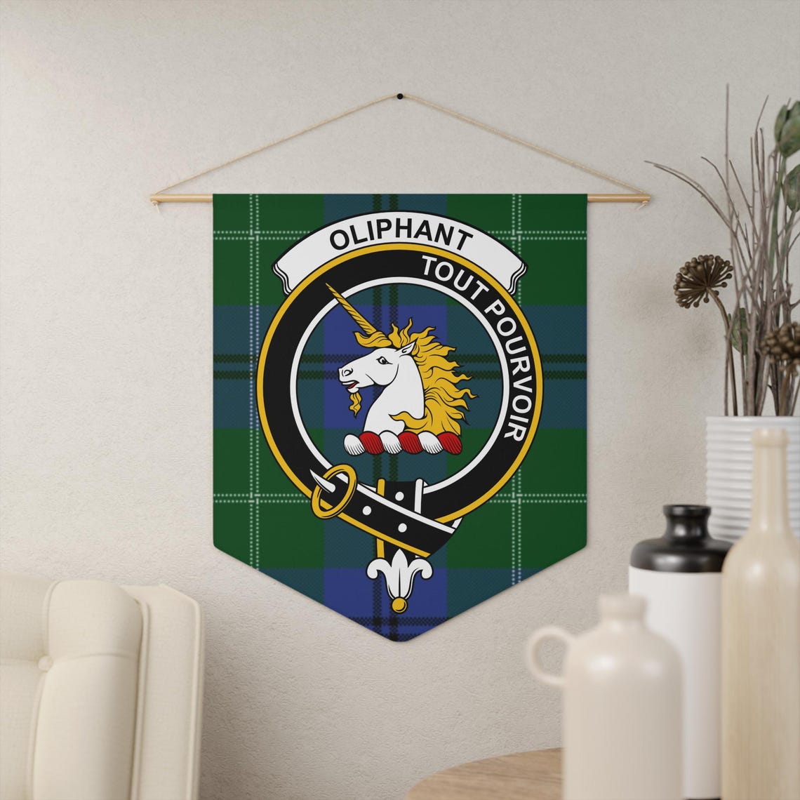 Banderín de tartán con el escudo del clan Oliphant: herencia escocesa ...