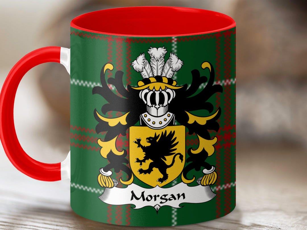 Morgan Welsh Surname Coat of Arms Mug, Welsh National Tartan Background ...