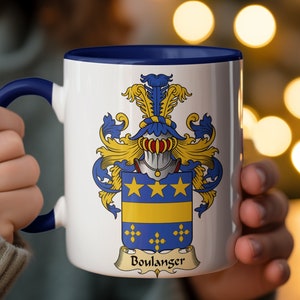 Heraldic Shield Boulanger Family Crest Mug, Blue and Gold Knight Helmet ...
