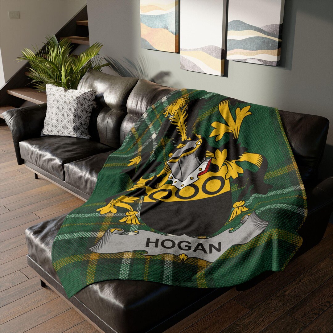 Hogan Coat of Arms on Irish National Tartan Blanket, Irish Surname Coat ...