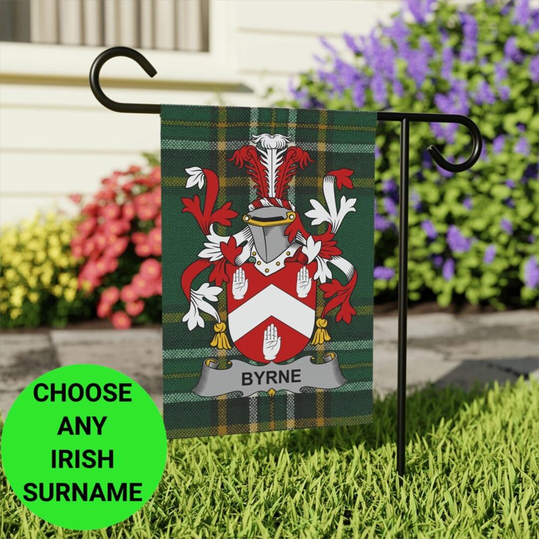 Irish Surname Byrne Coat of Arms Garden Flag in Irish National Tartan ...