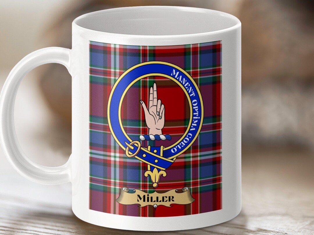 Miller Clan Mug, Scottish Clan Crest on Tartan Background Mug, Miller ...