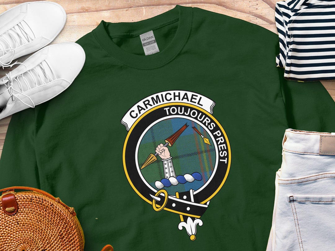 Carmichael Scottish Clan Crest Tartan Background T-shirt, Sweatshirt or ...