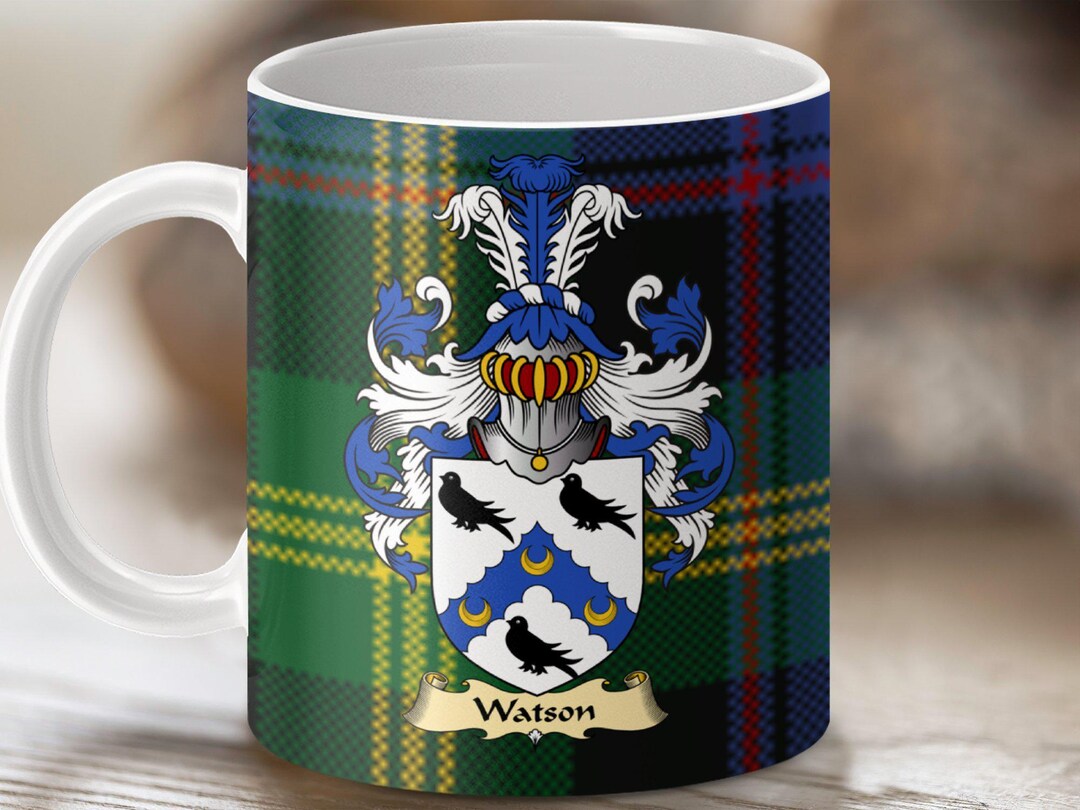 Watson Scottish Clan Coat of Arms Tartan Mug, Watson Heritage Plaid ...
