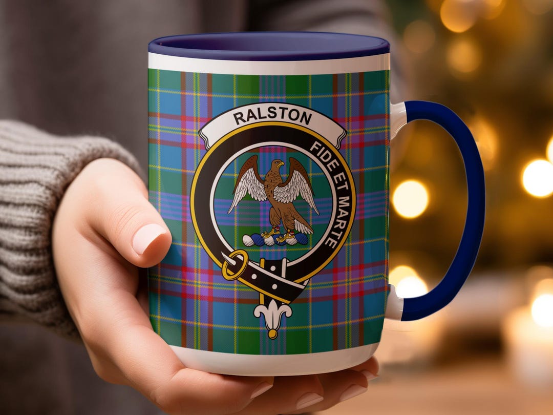 Ralston Scottish Clan Crest Mug, Tartan Design, Family Name Mug ...