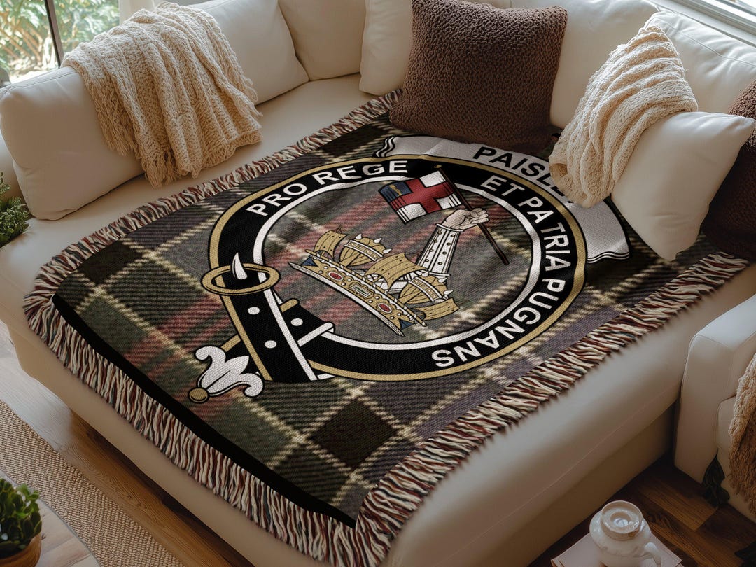Paisley Scottish Clan Woven Blanket, Crest on Tartan Background, Family Heritage Throw, Clan ...