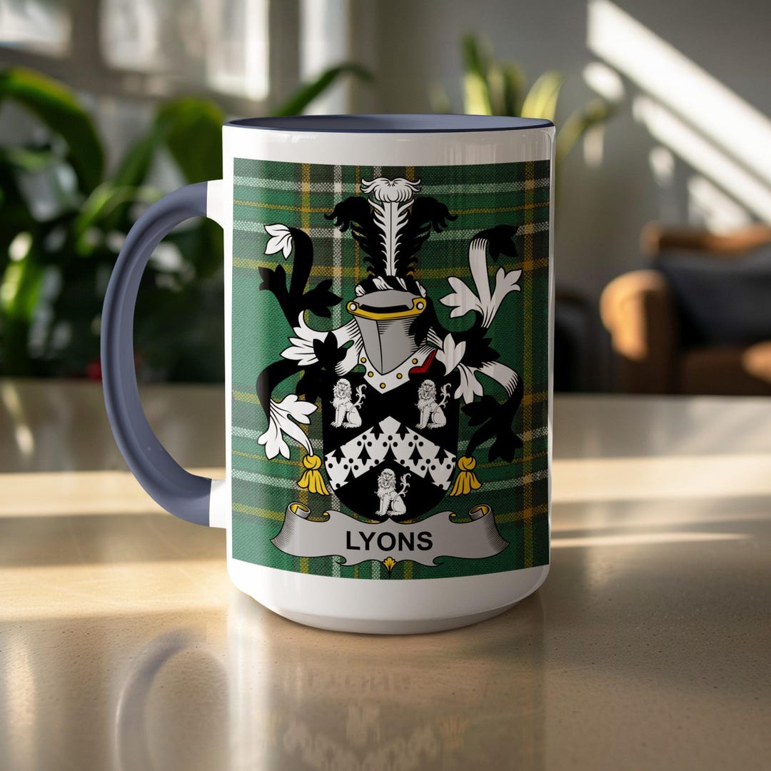 Lyons Irish Coat of Arms Mug, Family Surname Mug, Irish Heritage Gift ...