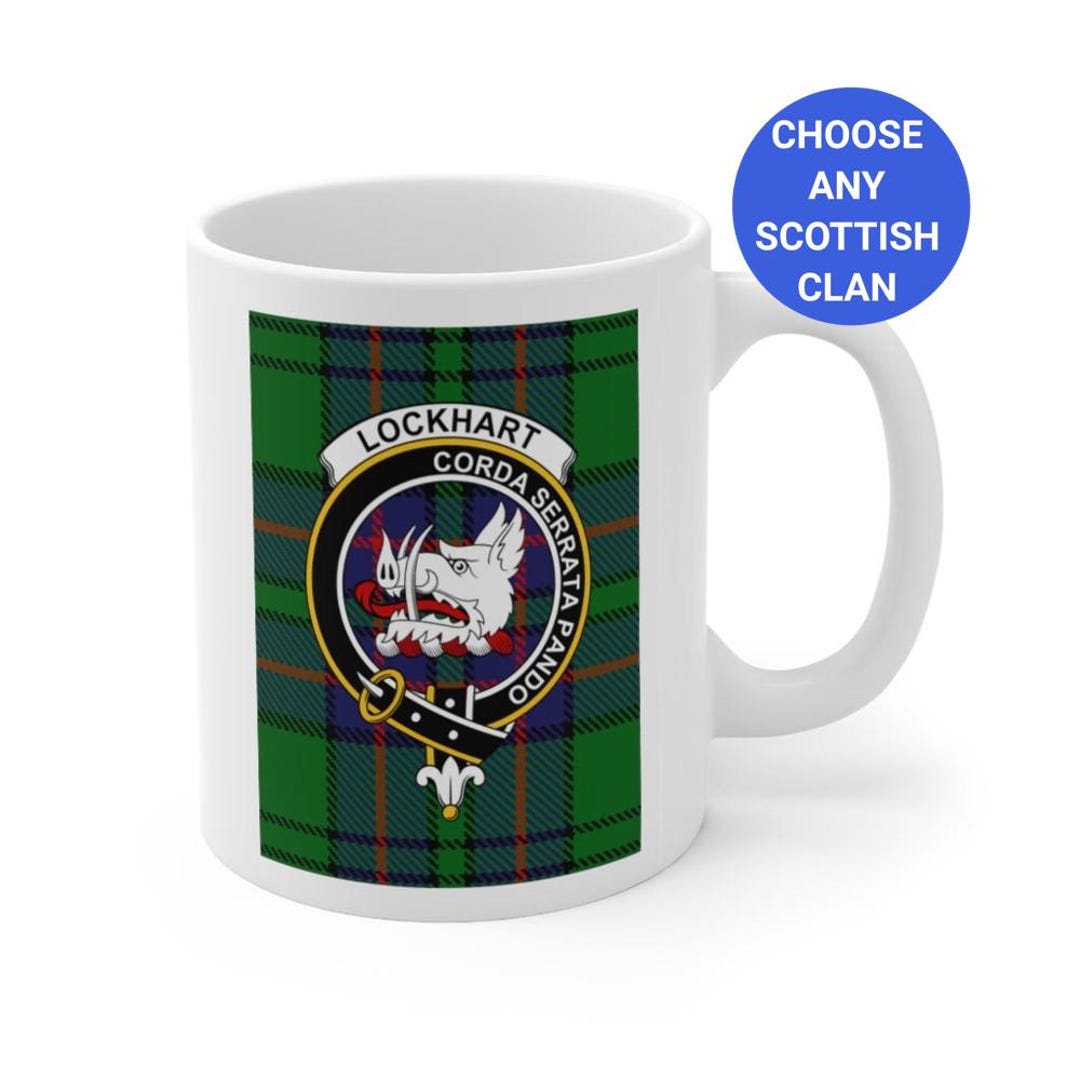 Lockhart Scottish Clan Crest Mug, Tartan Background Mug, Personalized ...