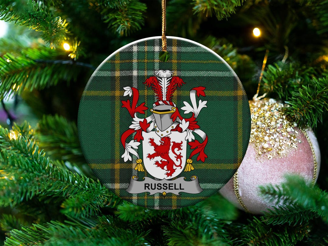 Russell Irish Coat of Arms Ceramic Ornament, Surname Tartan Ornament ...