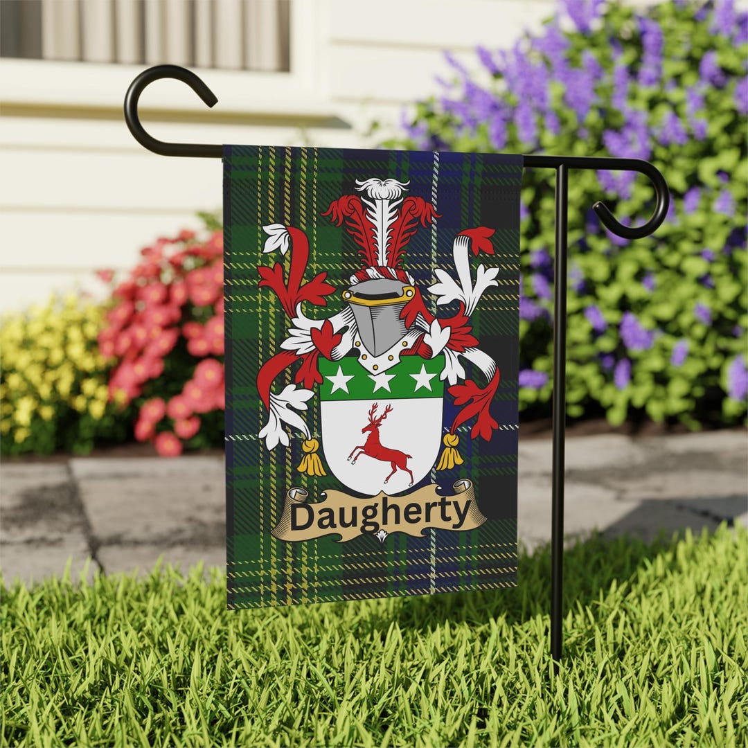 Daugherty Flag, Coat of Arms on Tartan Background, Family Crest Flag ...