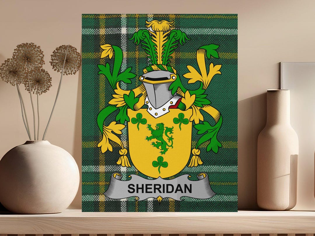 Sheridan Irish Surname Coat of Arms Canvas Wrap, Tartan Background ...