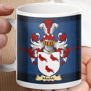 Muckle Scottish Clan Coat of Arms Mug, Flower of Scotland Tartan ...