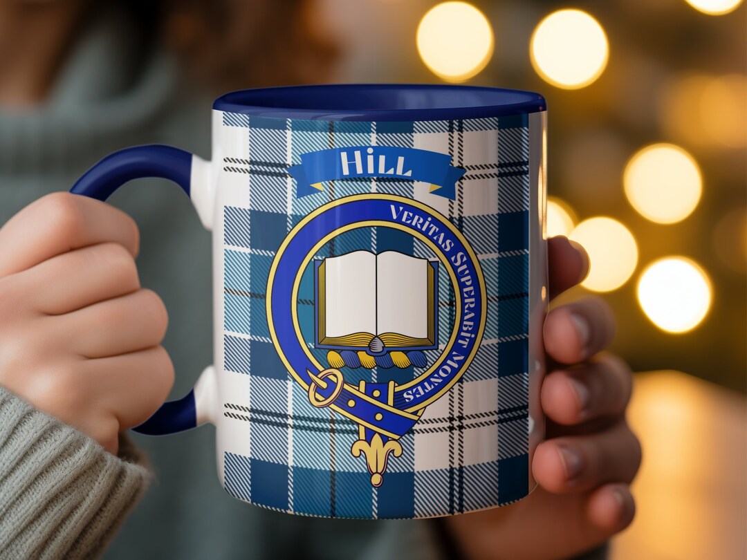 Scottish Clan Hill Crest Coffee Mug, Ancestry Heritage Emblem on Tartan ...