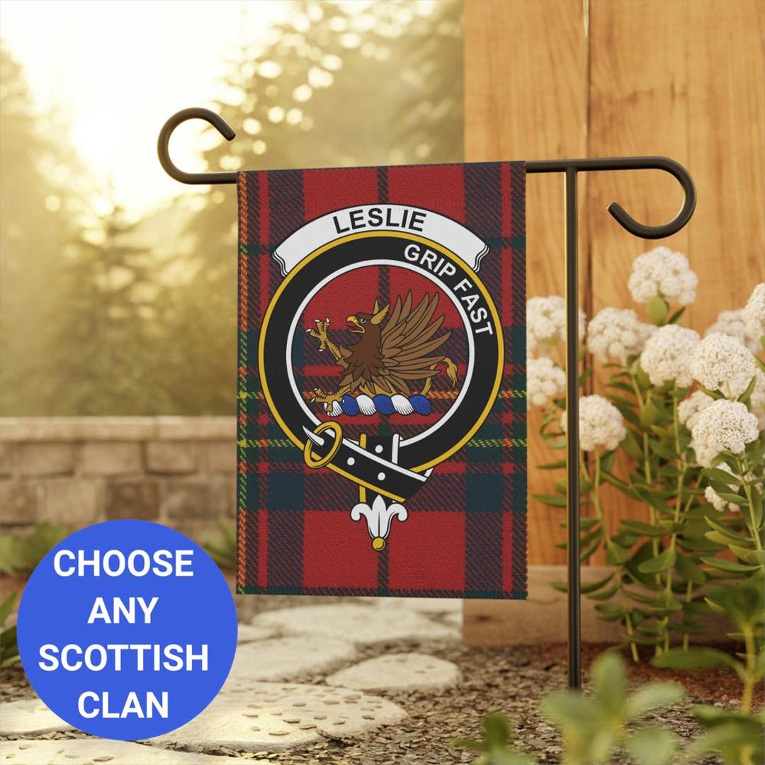 Leslie Scottish Clan Garden Flag, Family Crest on Tartan Background ...