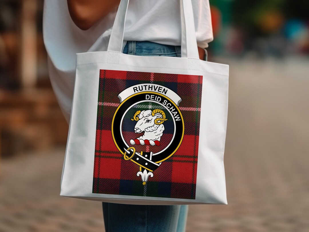 Scottish Clan Ruthven Tartan Tote Bag, Deid Schaw Ram Emblem, Durable ...