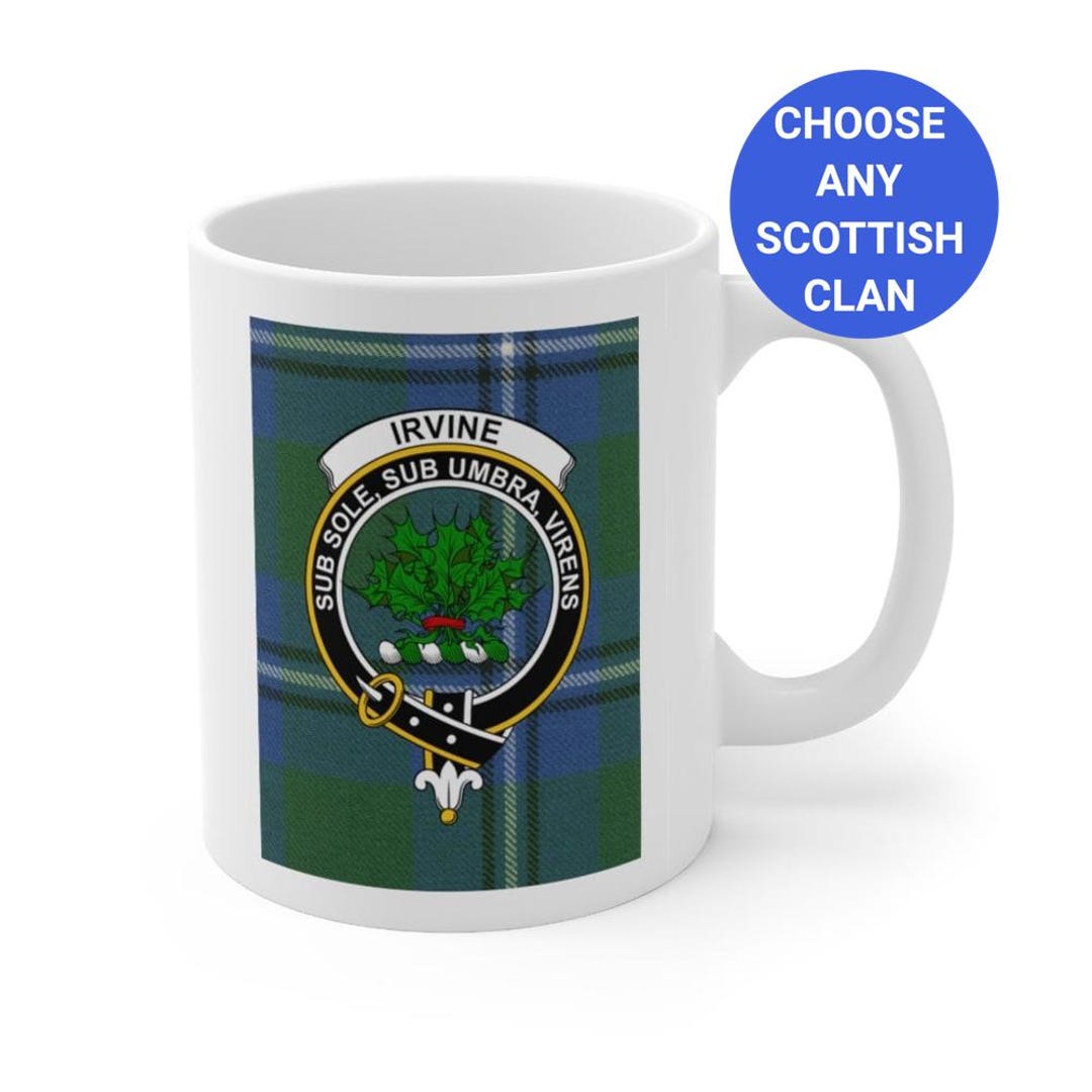 Irvine Scottish Clan Crest on Tartan Background Mug, Personalized ...