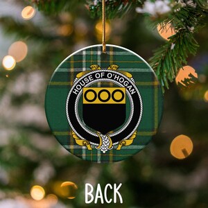 Hogan Family Crest Christmas Ornament, Irish Tartan Background Coat of ...