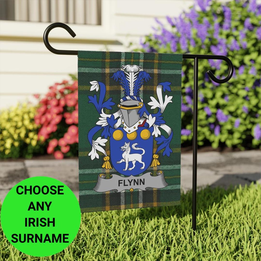 Irish Surname Flynn Coat of Arms Garden Flag in Irish National Tartan ...