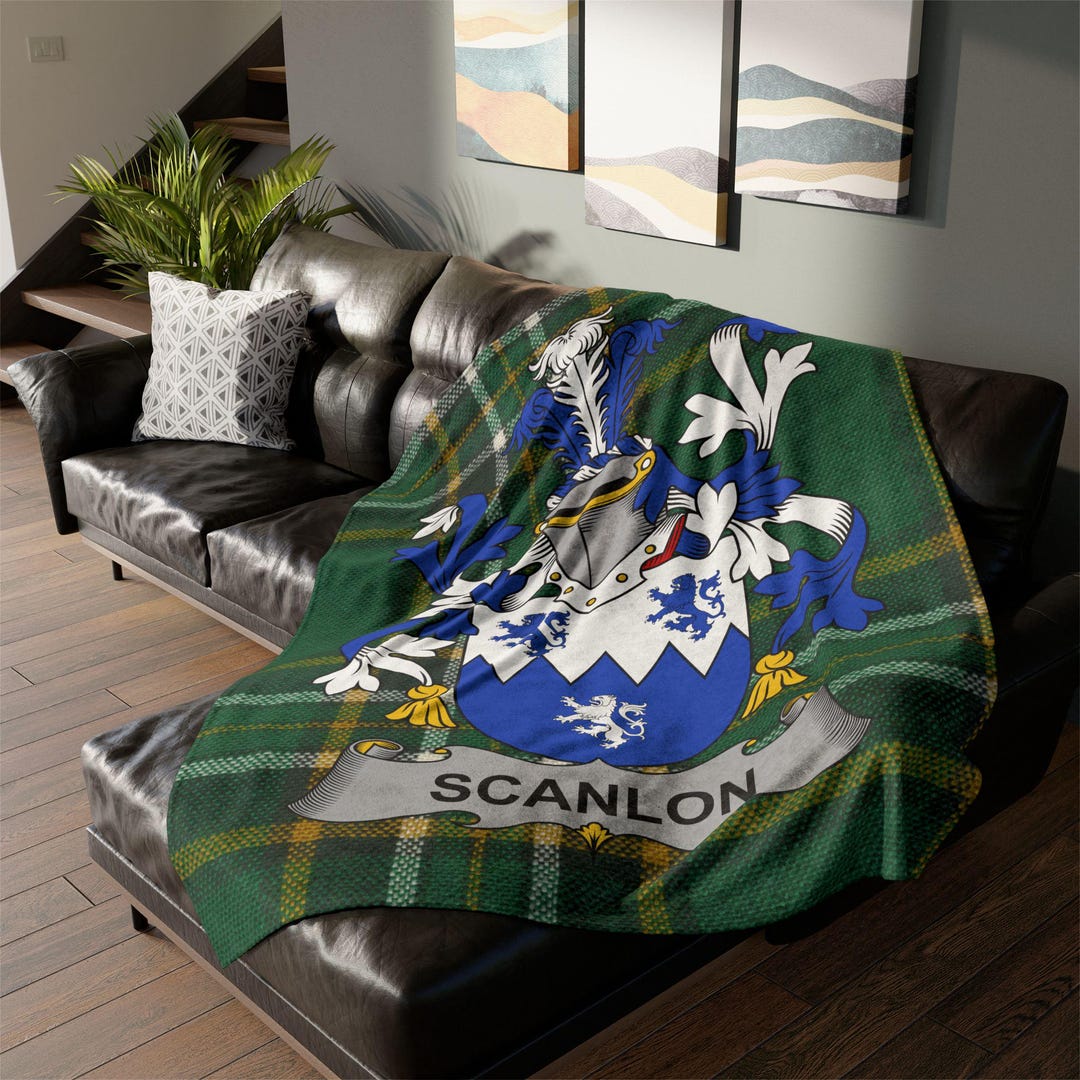 Scanlon Coat of Arms on Irish National Tartan Blanket, Irish Roots ...