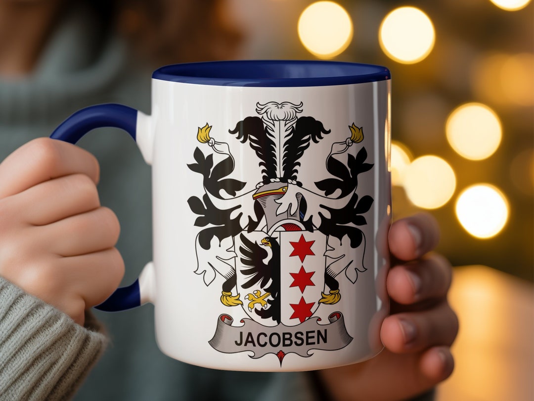 Jacobsen Family Crest Coat of Arms 11 Oz White Mug, Danish Surname ...