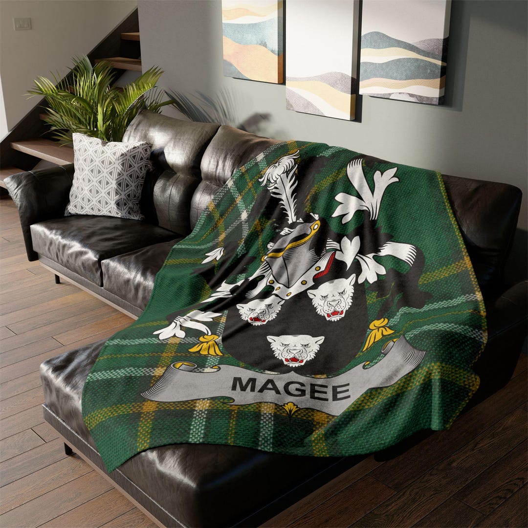 Magee Coat of Arms on Irish National Tartan Background, Soft Polyester ...