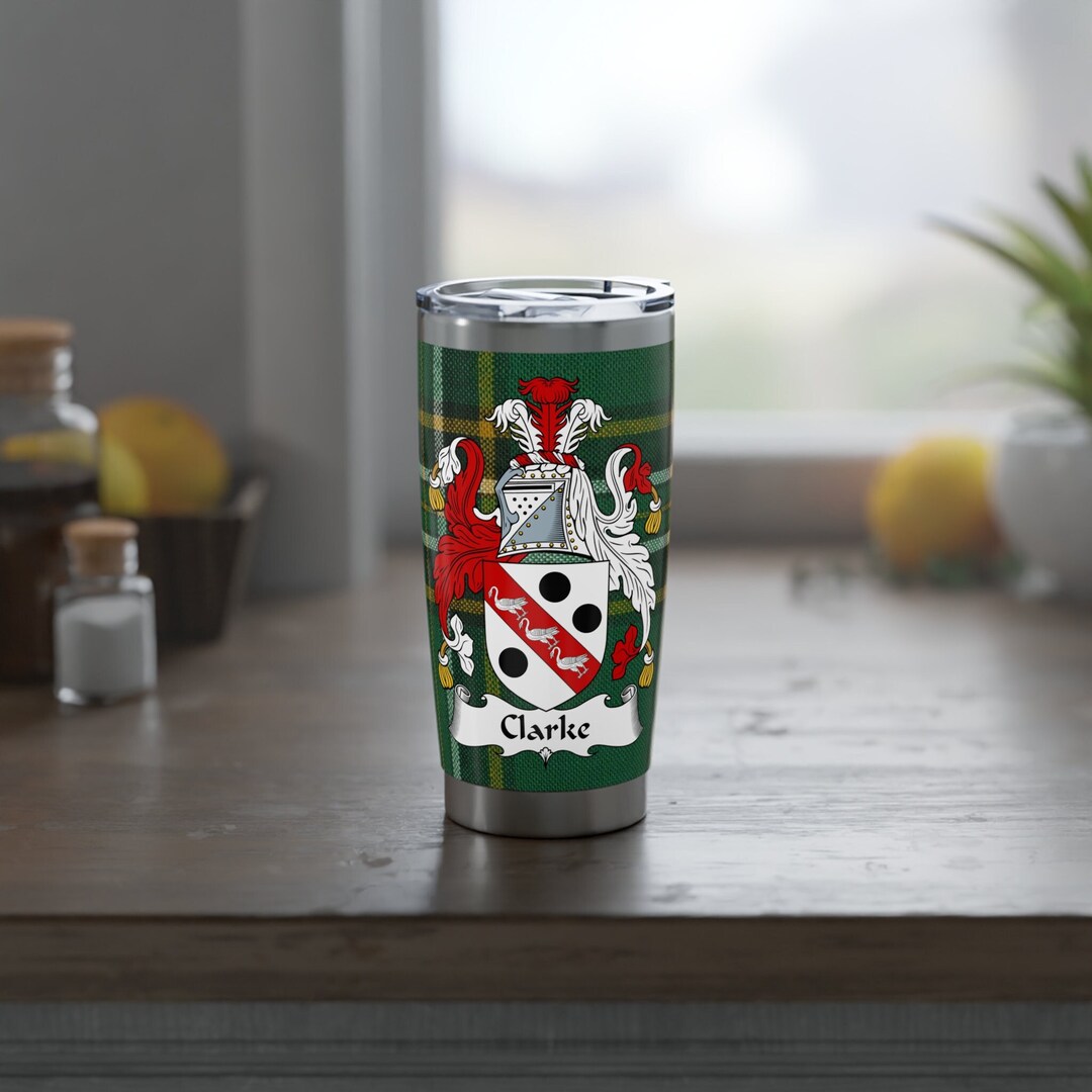 Clarke Family Coat of Arms Travel Tumbler, Irish Ancestry Travel Mug ...