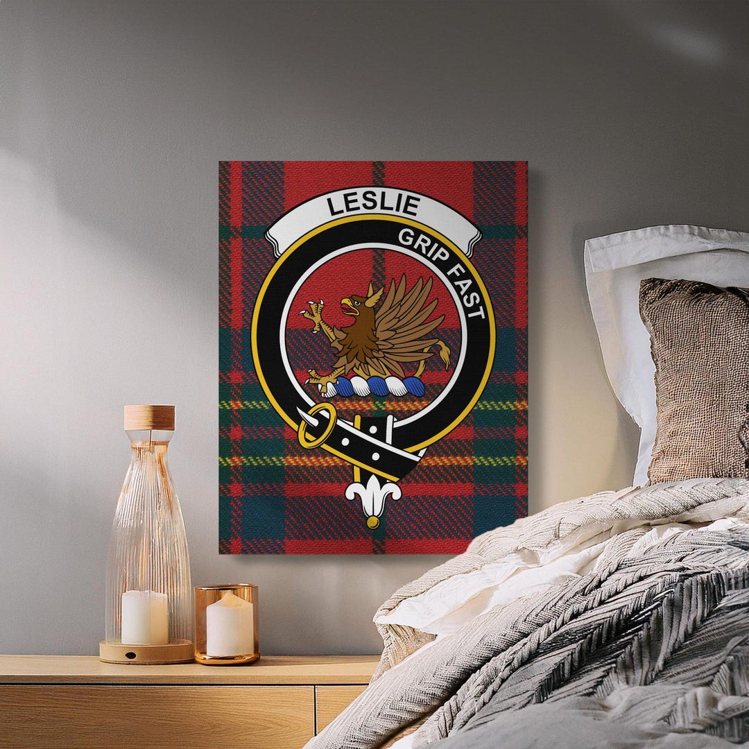 Leslie Clan Crest Tartan Background Canvas Wrap, Scottish Family ...