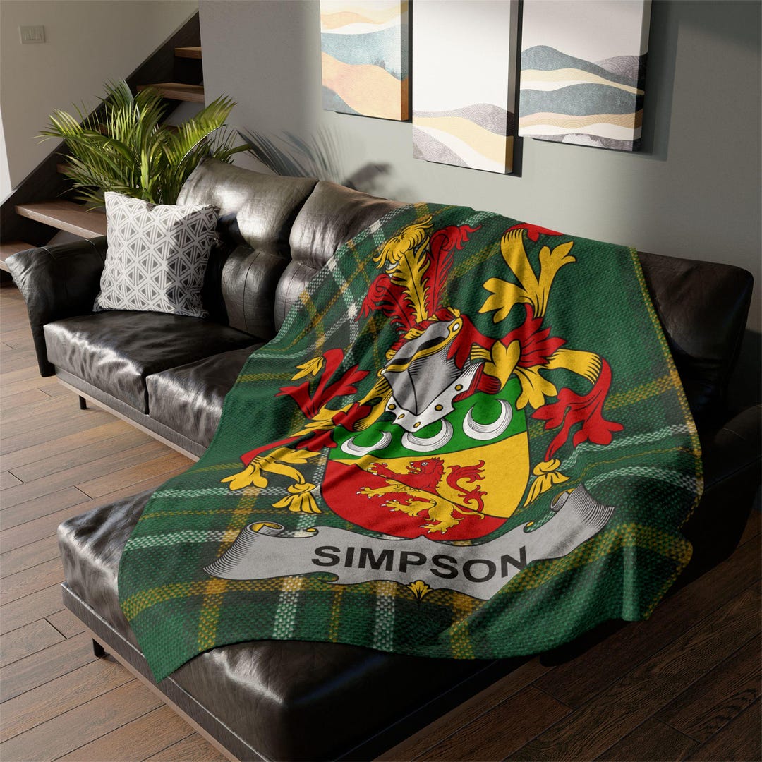 Blanket, Irish Simpson Family Coat of Arms on Irish National Tartan ...