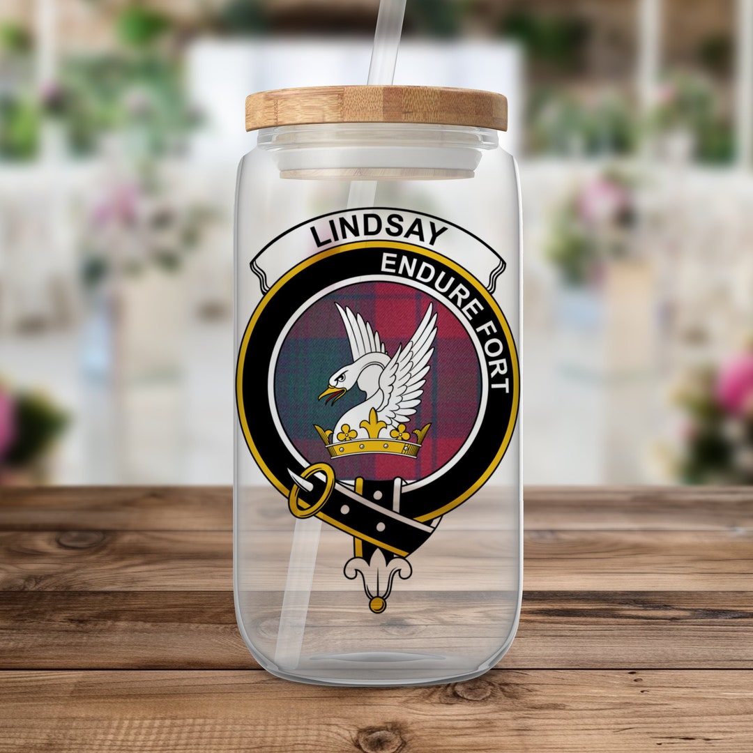 Lindsay Clan Crest on Tartan Background Coffee Tumbler, Personalized ...