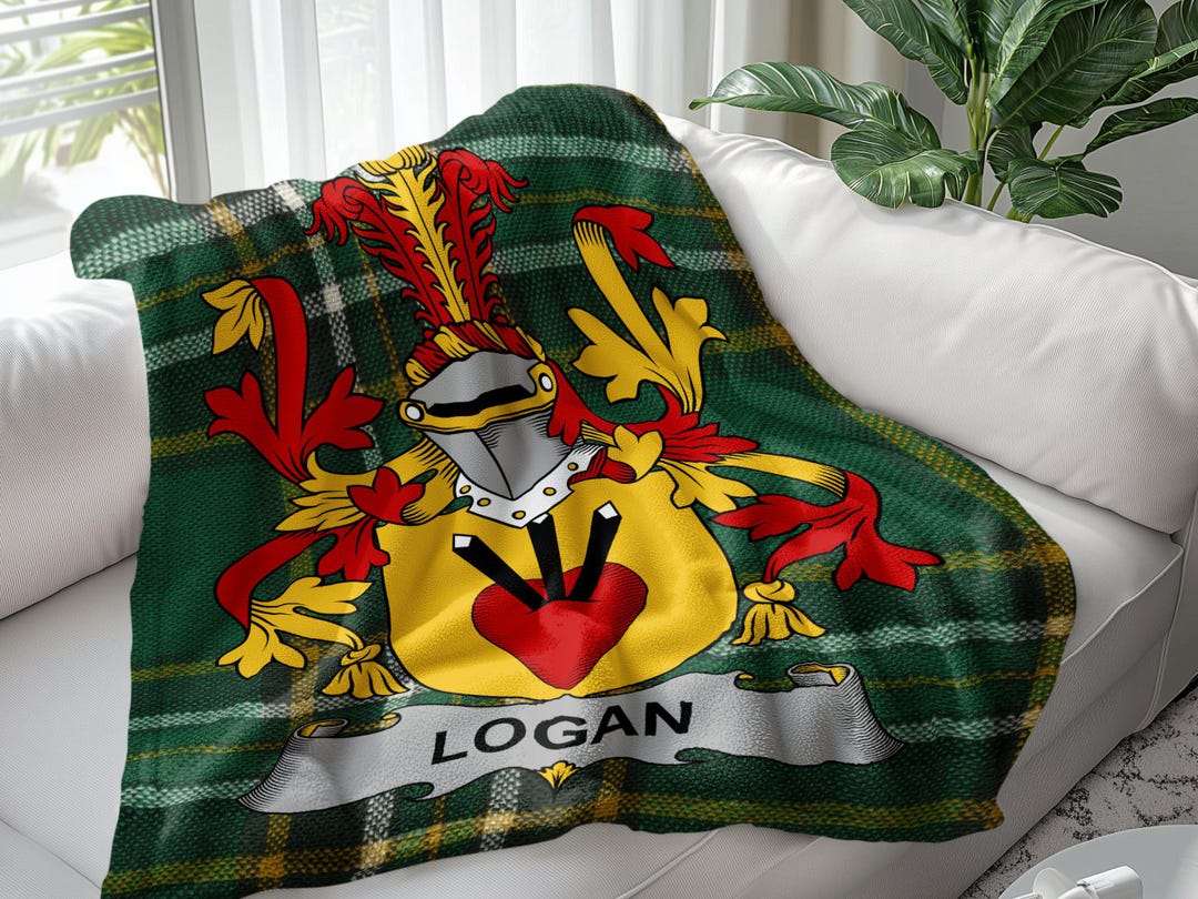 Logan Surname Coat of Arms on Irish National Tartan, Logan Family Name ...