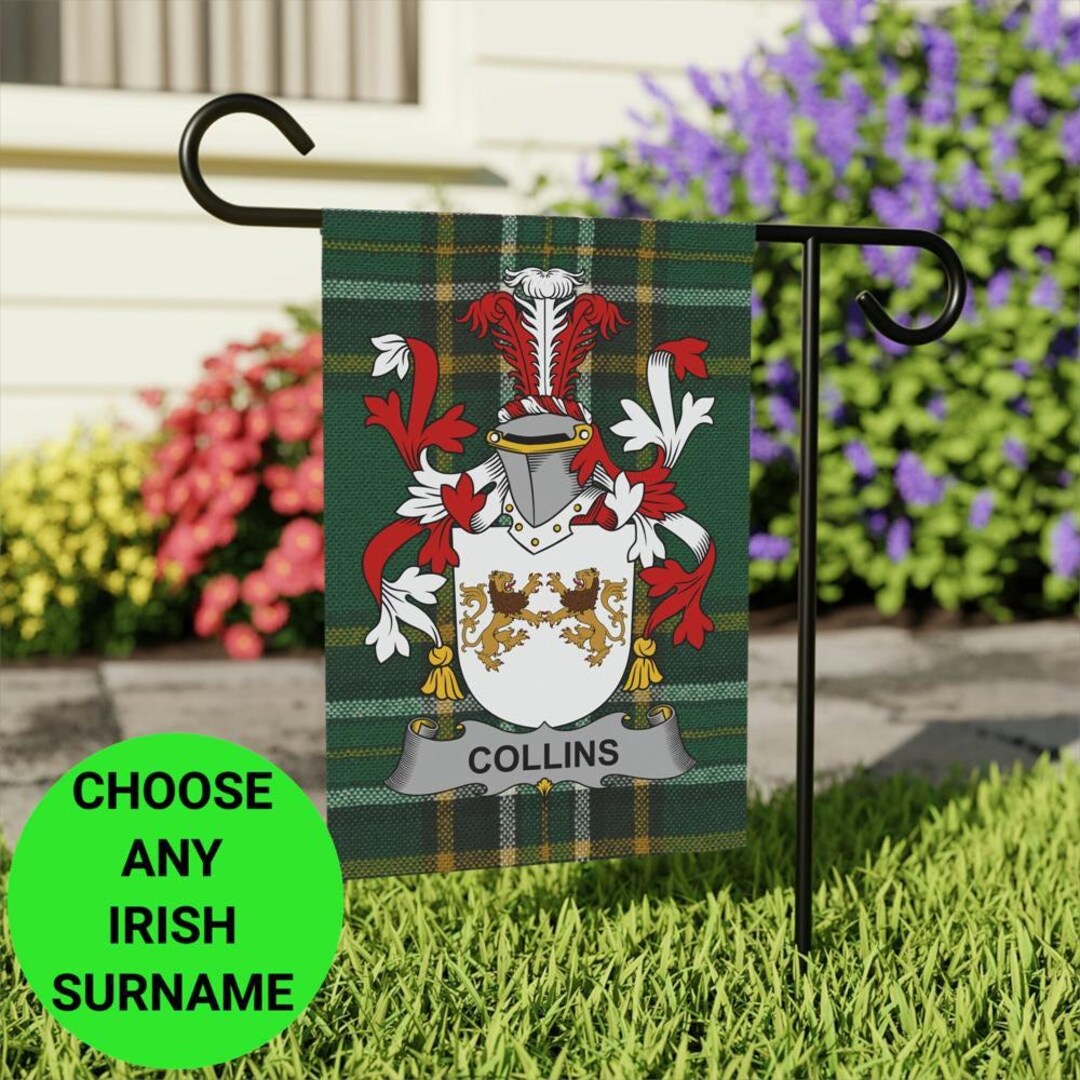 Irish Surname Collins Coat of Arms Garden Flag on National Tartan ...