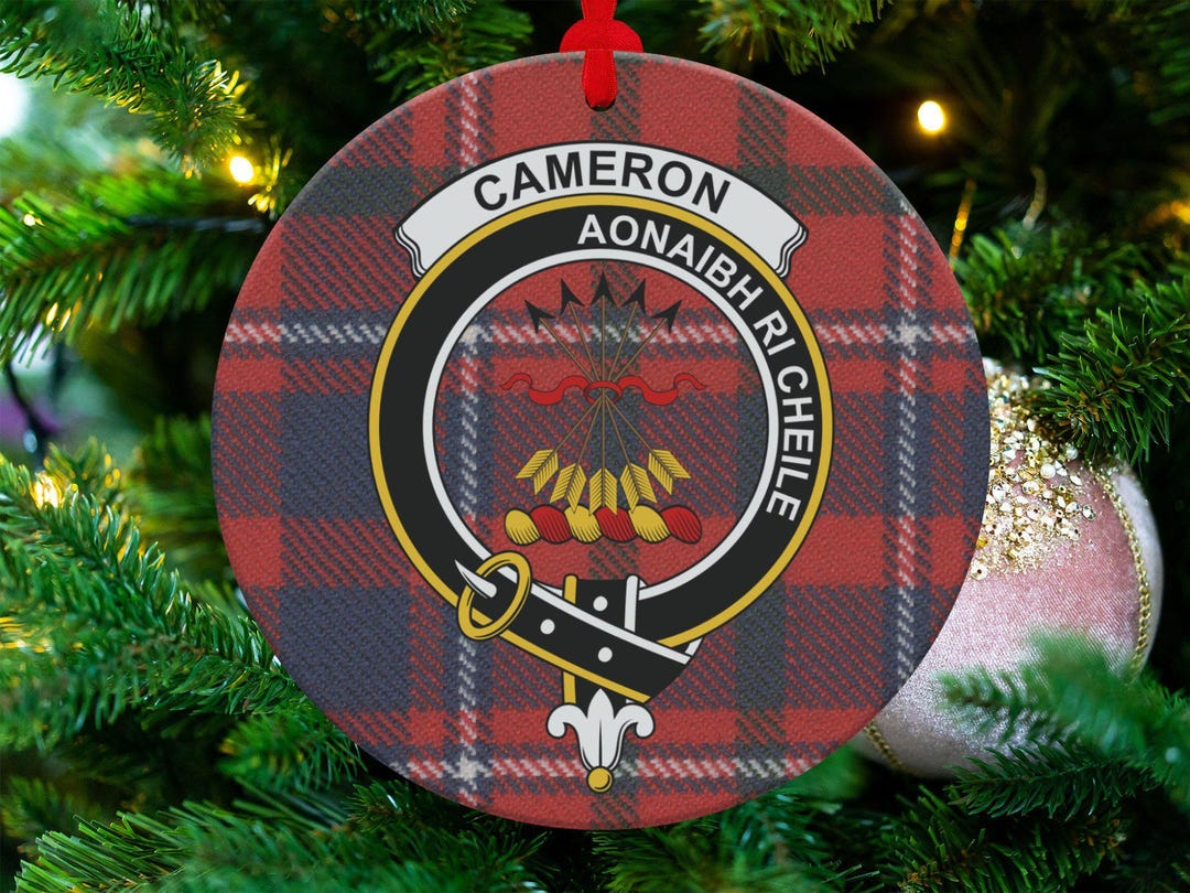 Cameron Scottish Clan Crest Christmas Ornament, Tartan Background ...