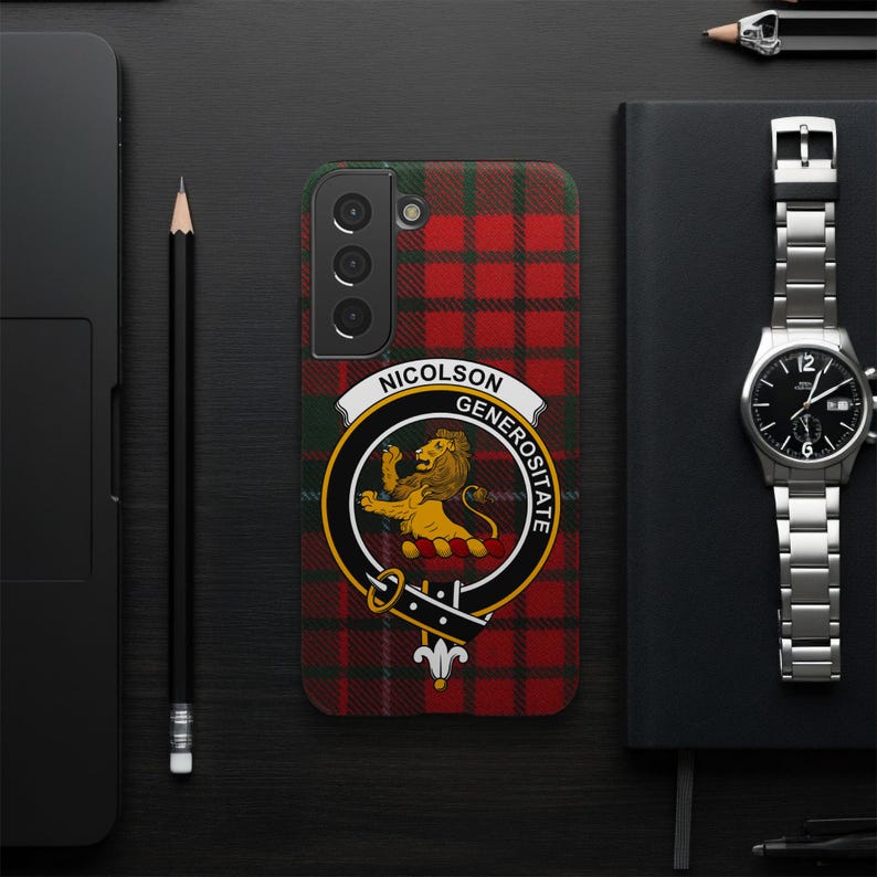 Nicolson Clan Tartan Cell Phone Case, Scottish Generositate Lion Crest ...
