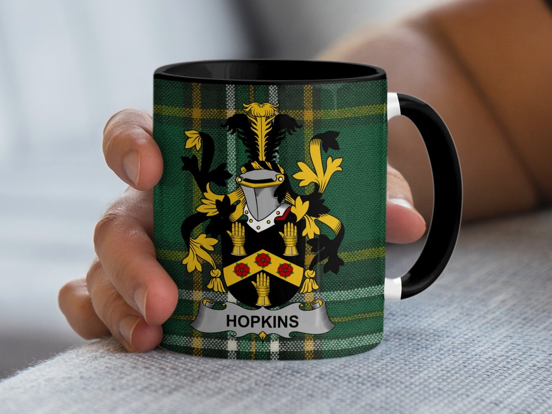 Hopkins Surname Coat of Arms Mug, Irish National Tartan Background ...