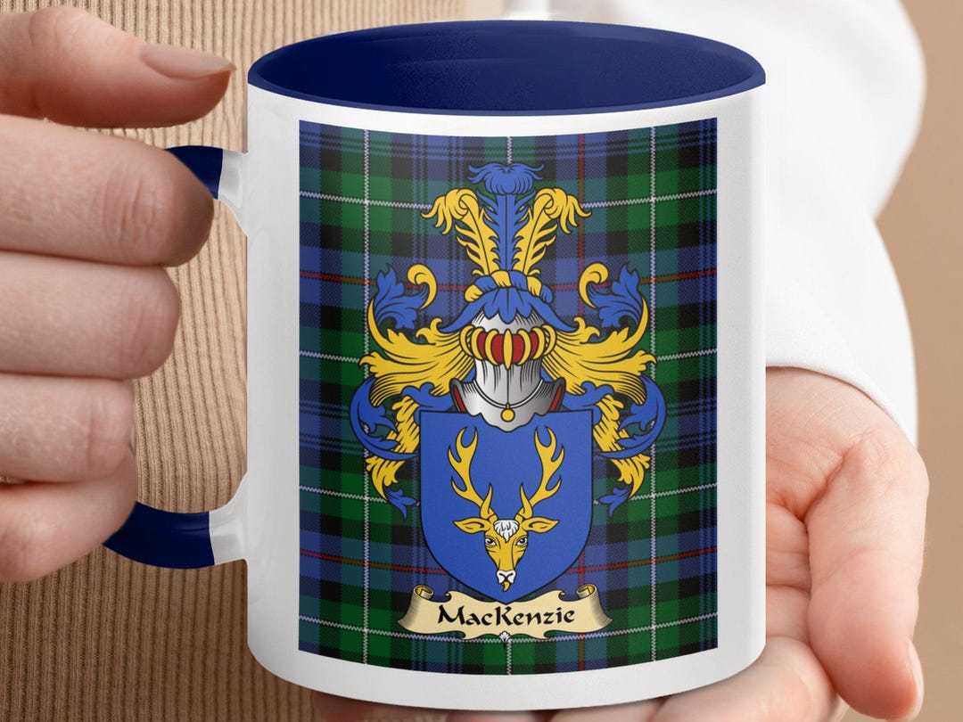 Mackenzie Scottish Clan Surname Coat of Arms on Tartan Background Mug ...