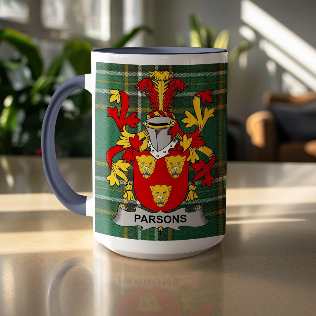 Parsons Irish Coat of Arms Mug, Family Crest on Tartan, Surname Mug ...