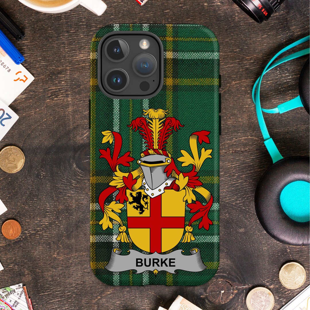 Burke Irish Surname Coat of Arms Phone Cover, Tartan Background Phone ...