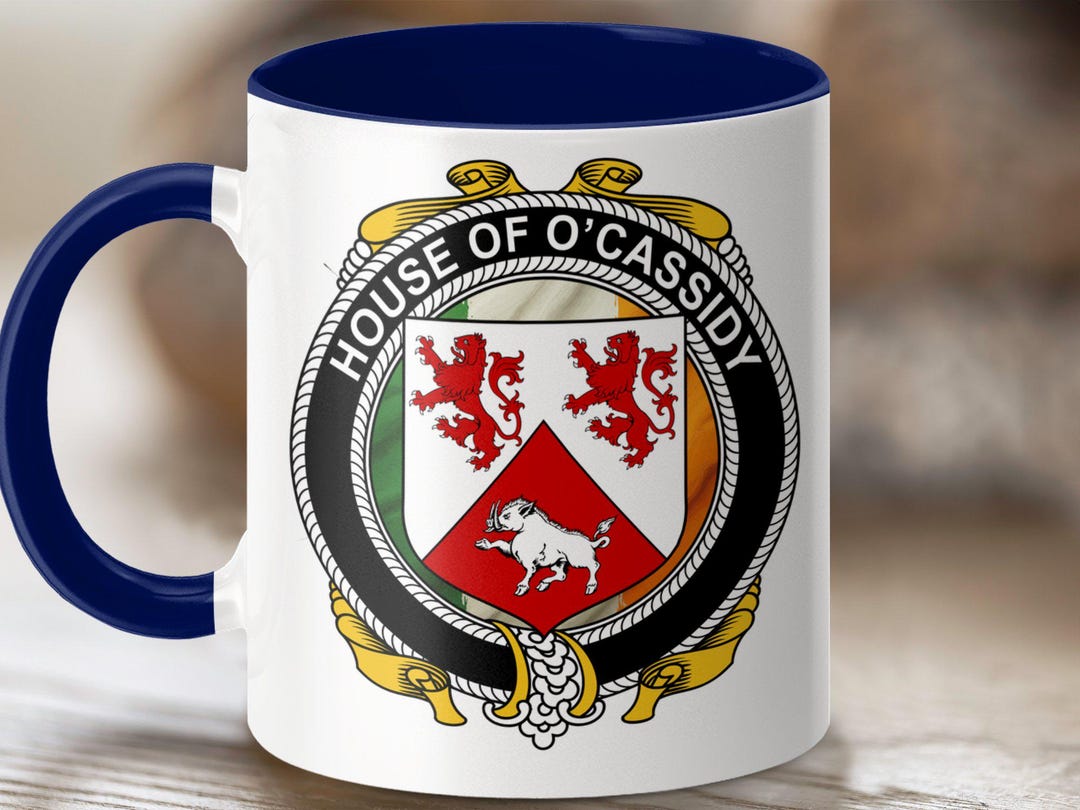 O'CASSIDY Crest With Irish Flag Background Mug, Irish Surname Coat of ...