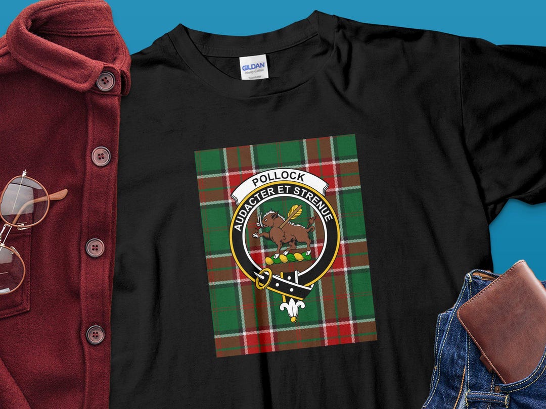 Pollock Clan Crest Tartan Background, Scottish Ancestry Apparel ...