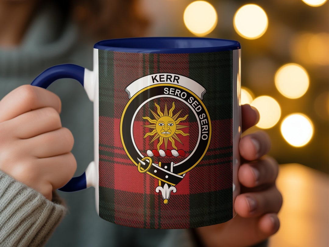 Scottish Clan Kerr Crest Mug, Heraldic Lion Tartan Background, Coffee ...