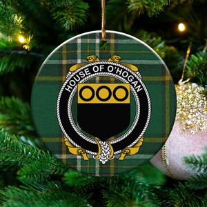 Hogan Family Crest Christmas Ornament, Irish Tartan Background Coat of ...