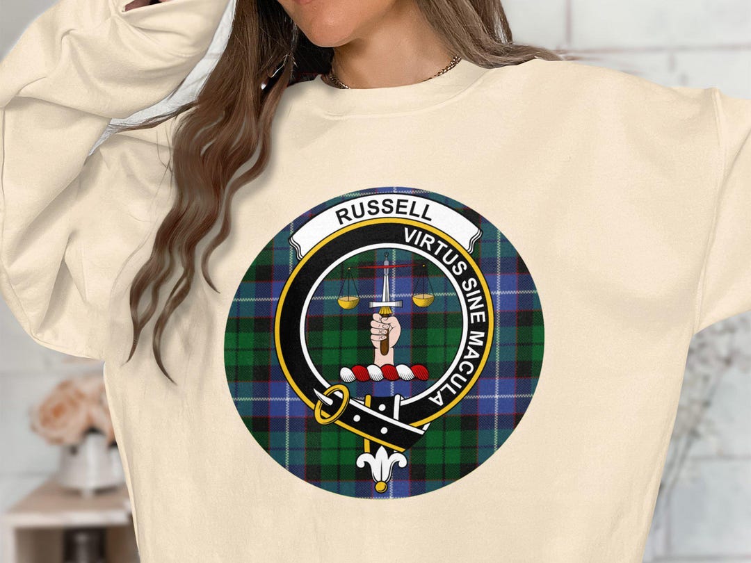 Russell Clan Crest on Tartan Background, Scottish Pride Apparel, Unisex ...
